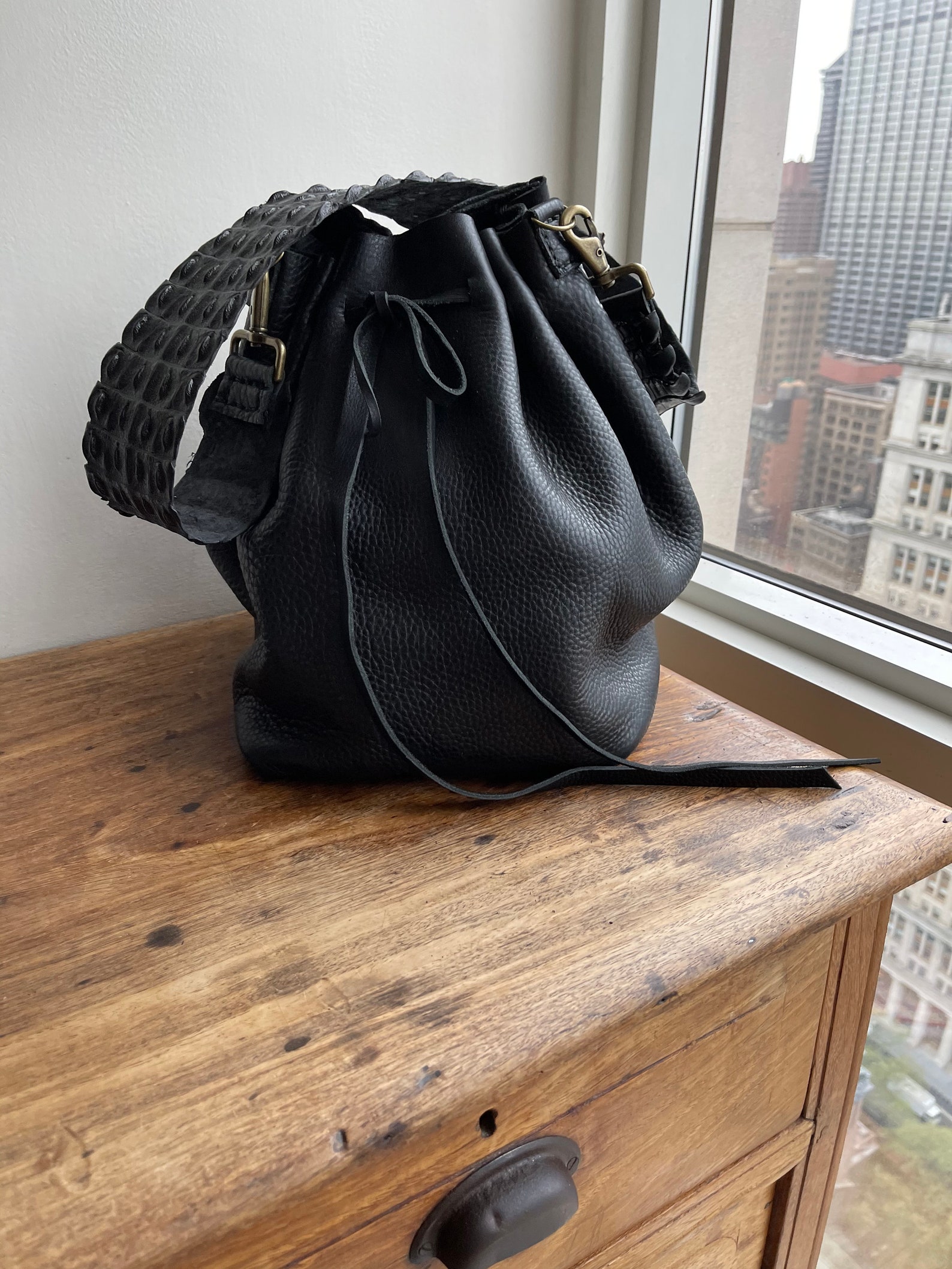 Leather bucket bag / Black leather crossbody bag / Soft | Etsy