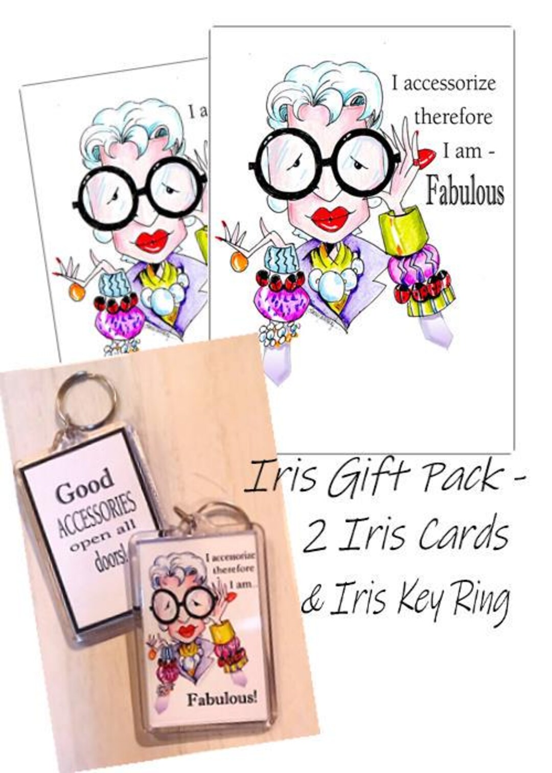 New & Improved Iris Apfel Inspired Key Ring WITH Cards, Iris Apfel ...