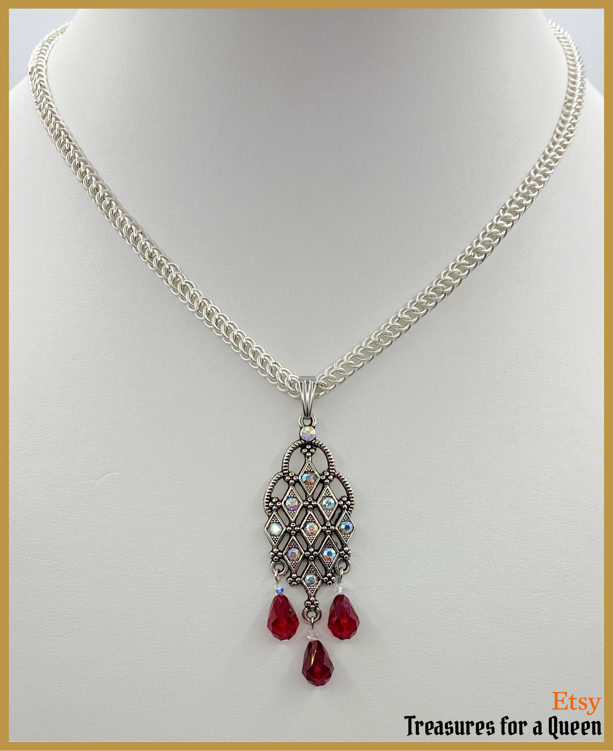 Medieval Renaissance Victorian Chainmail Pendant Necklace Siam Red ...
