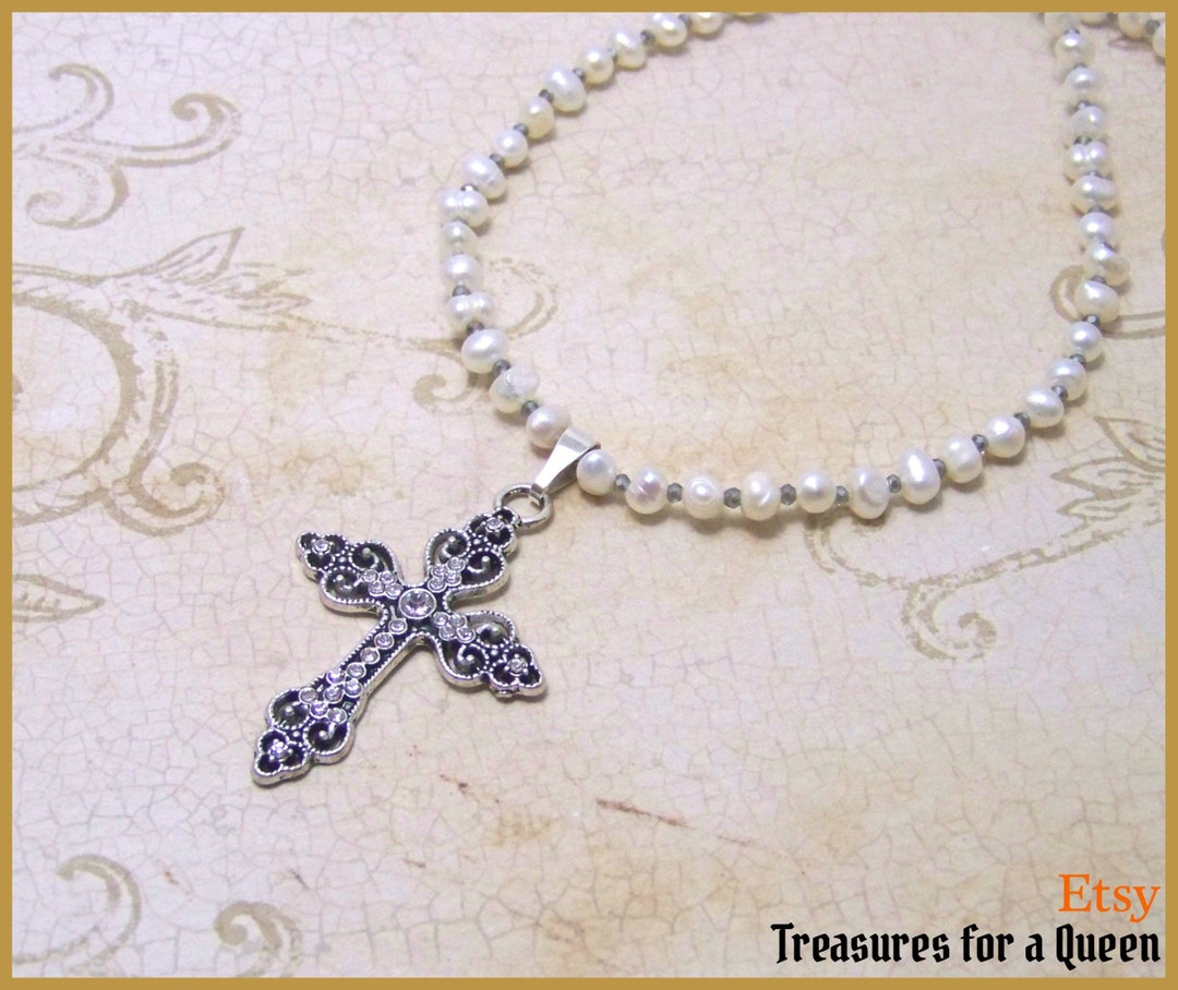 Tudor Cross Necklace - Freshwater Pearl and Crystal Renaissance ...