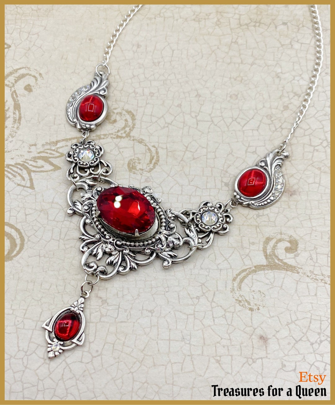 Gothic Victorian Necklace - Ruby Red Antique Silver Plated Jewelry - Etsy