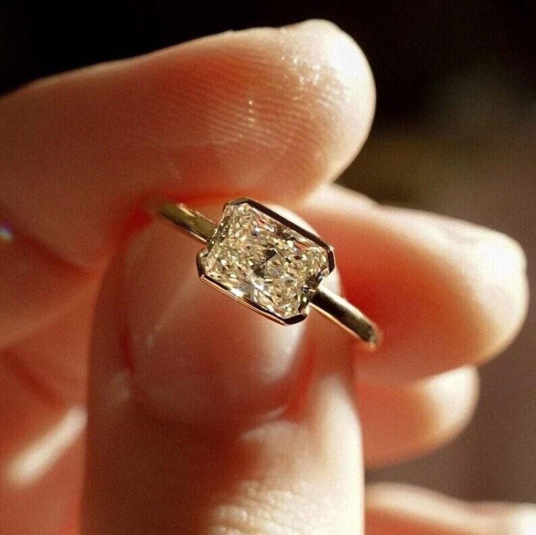 Solid Gold Half Bezel Radiant Cut Moissanite Engagement Rings ...