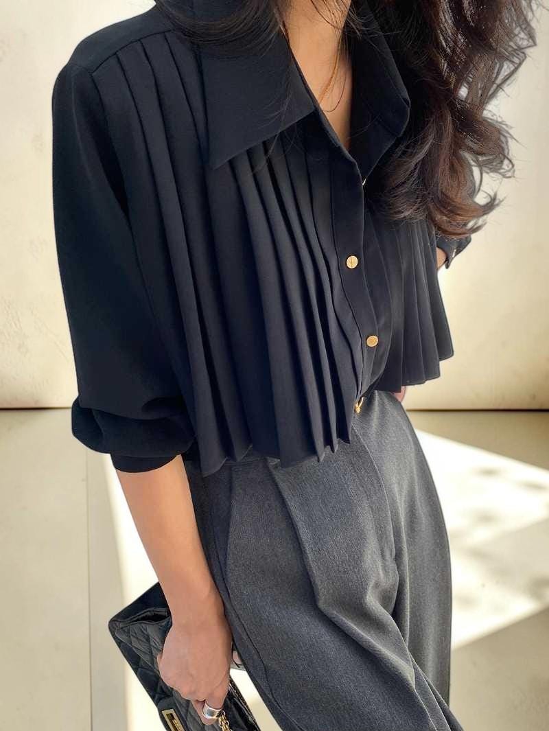 Pleated Button up Blouse in Black or White, Long Sleeve Collared ...