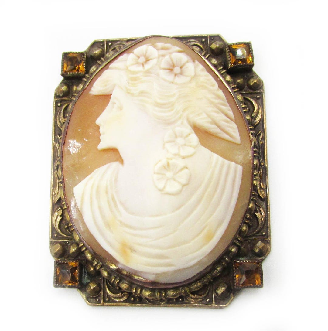 Victorian Cameo for Pin or Decor 2"- Embossed Brass With Corner Amber ...