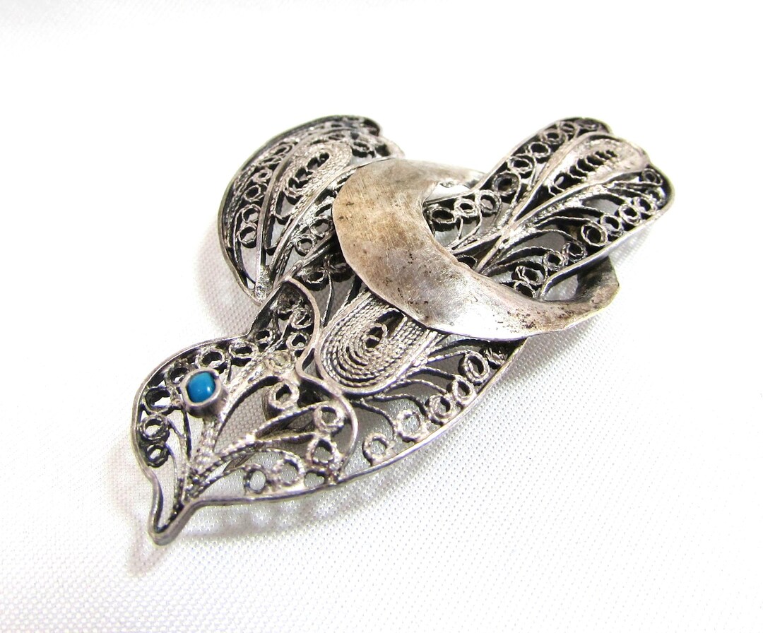 Silver Filigree Dove Brooch - Antique Sterling Dove Pin - Turquoise Eye ...