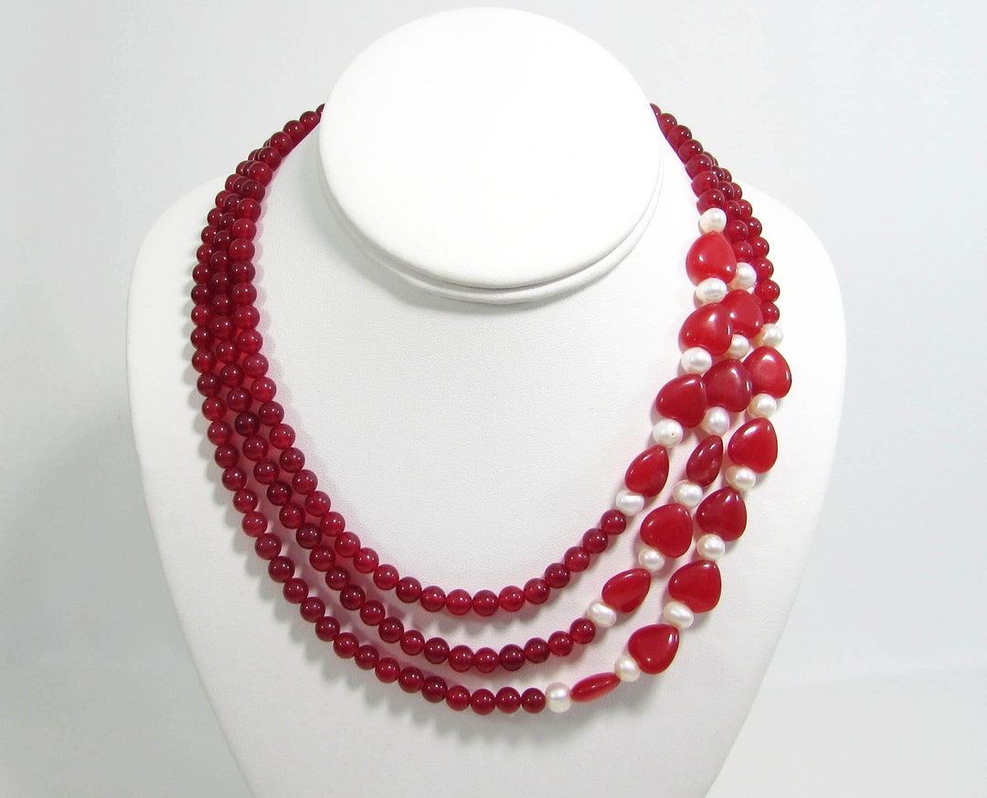Vintage Red Glass Bead & Heart Necklace With Faux Pearls 16.5 Three ...