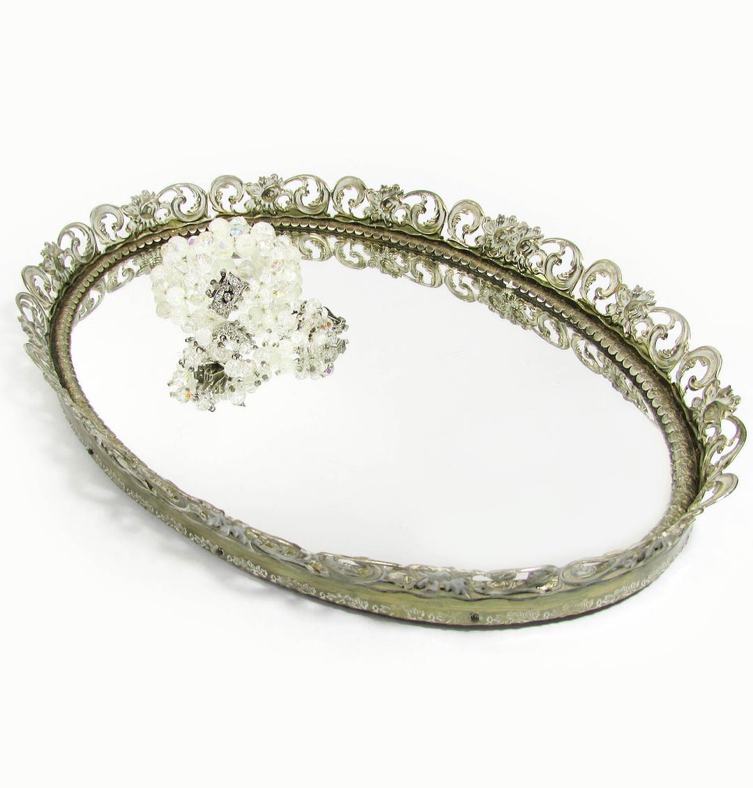 Oval Filigree Vanity Tray - Jewelry Tray - White Flashed Ornate Tray ...