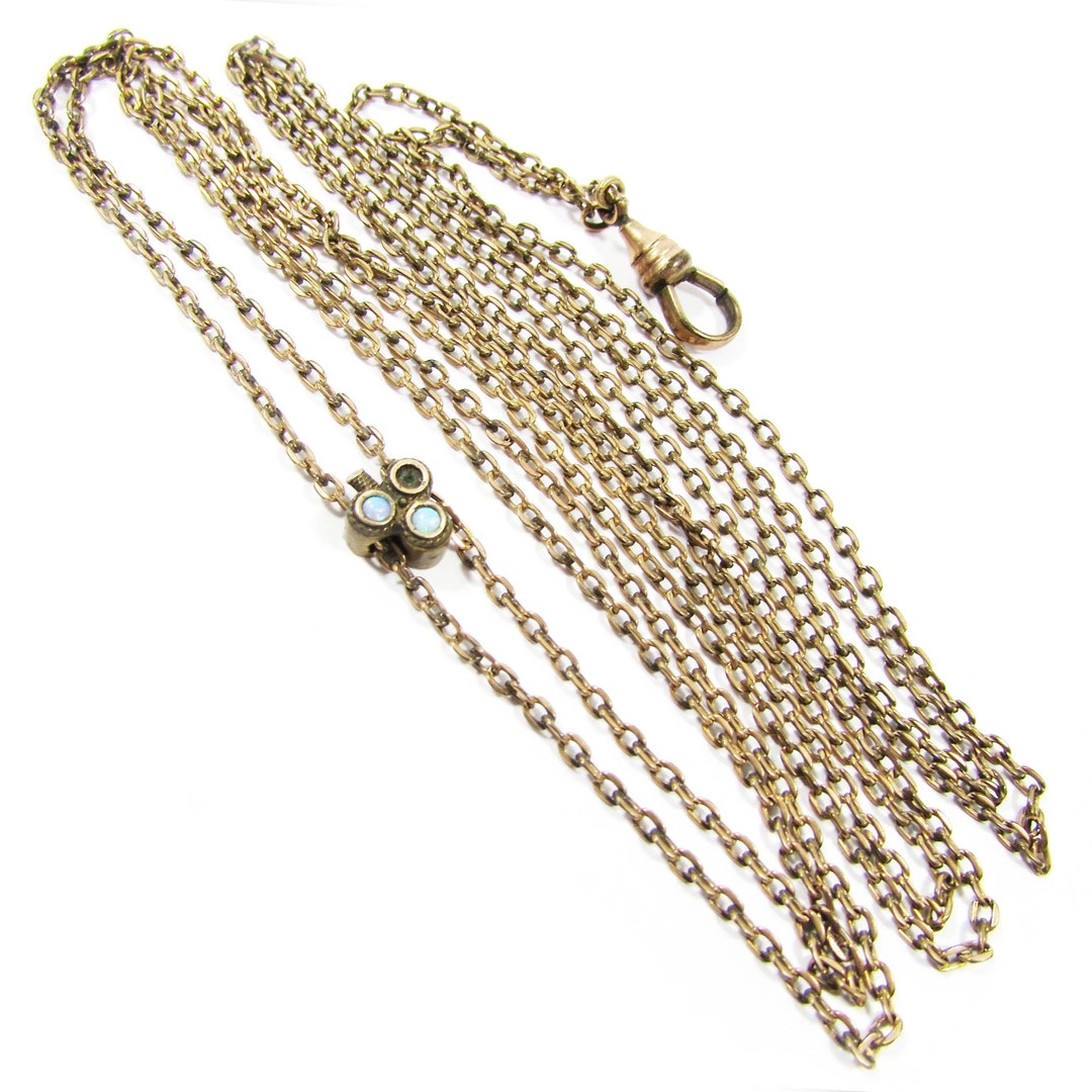 Antique 26" Lorgnette Chain Necklace With Clover Shape Slide With Tiny ...
