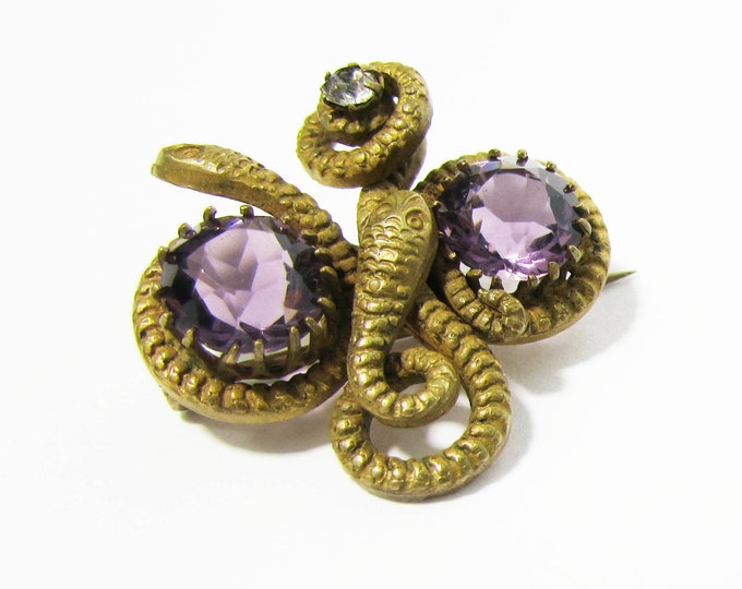 Victorian Snakes Pin - Faux Amethyst and Crystal Gems - Rare Antique ...