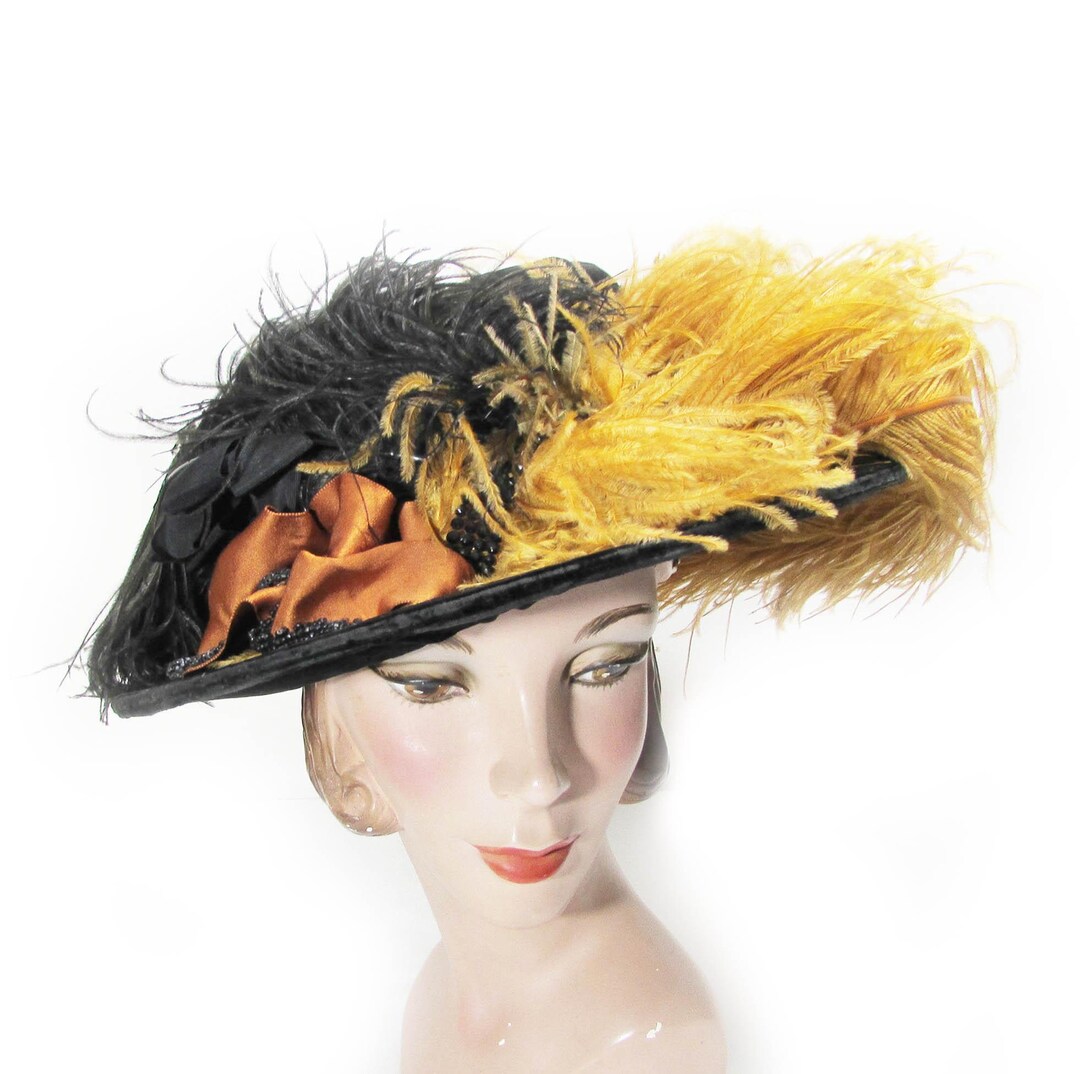 Antique Edwardian Womans Velvet Hat With Large Ostrich Feathers - C ...
