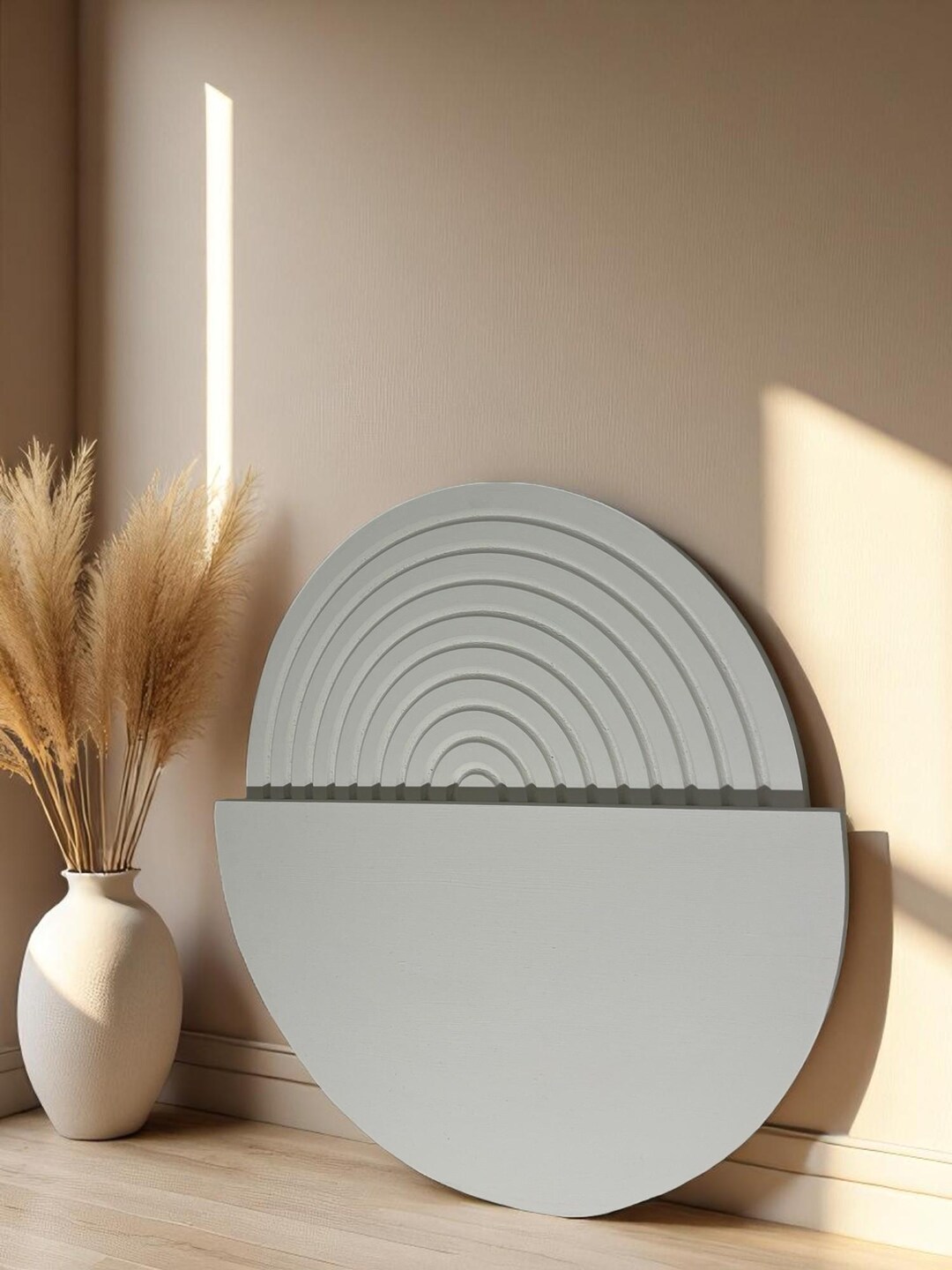 Grey Half Circle Wall Art: Japandi Wood Sculpture, 44x44 Cm - Etsy