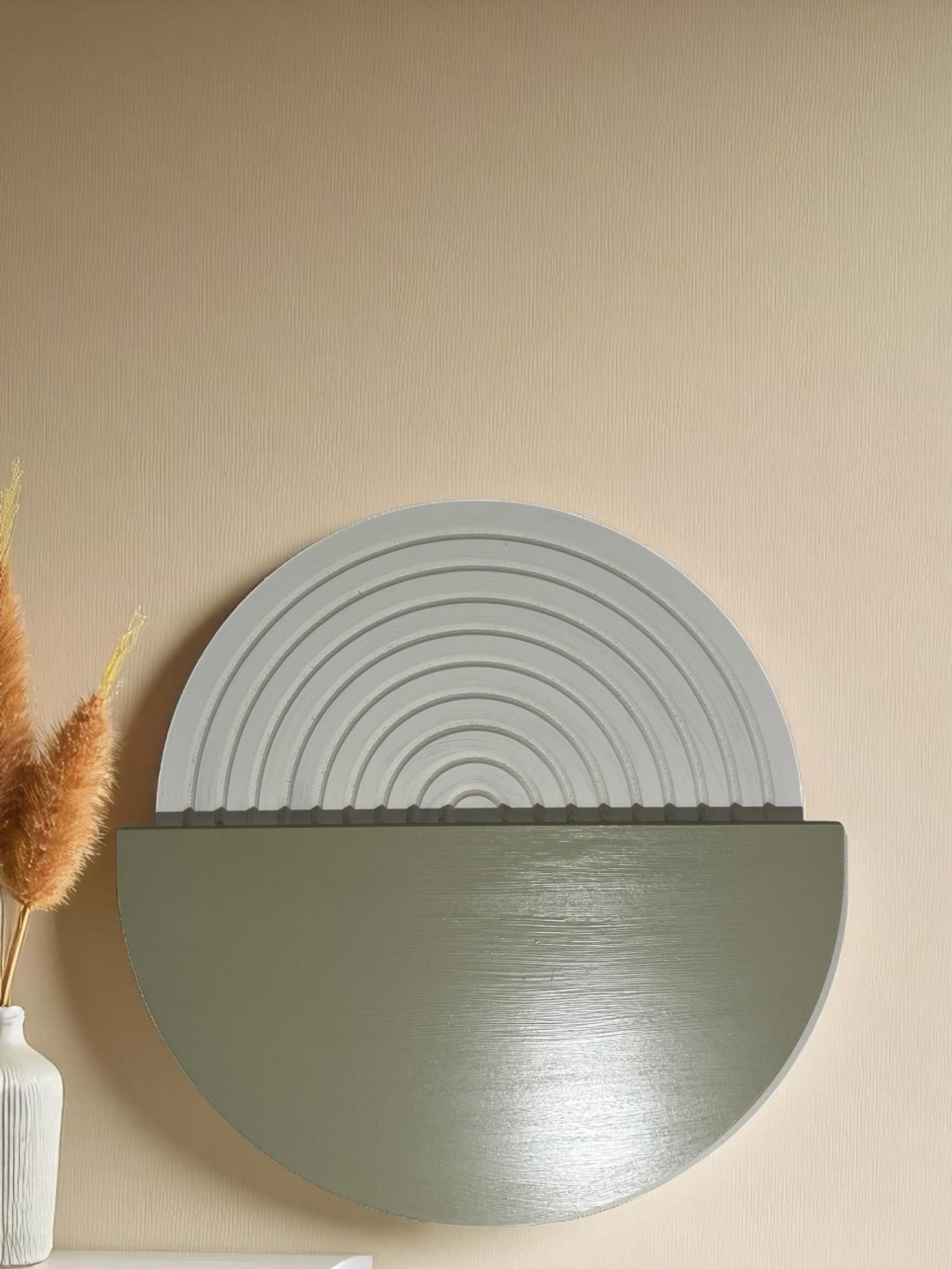 Sage Green 3D Wall Art, Half Circle Round Panel, 44x44 Cm, Japandi Boho ...