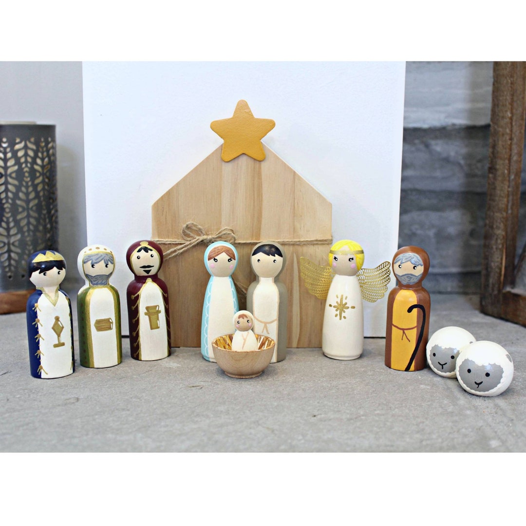 Nativity Peg Doll Set - 12 Piece Set, Wooden Nativity Set, Christmas ...