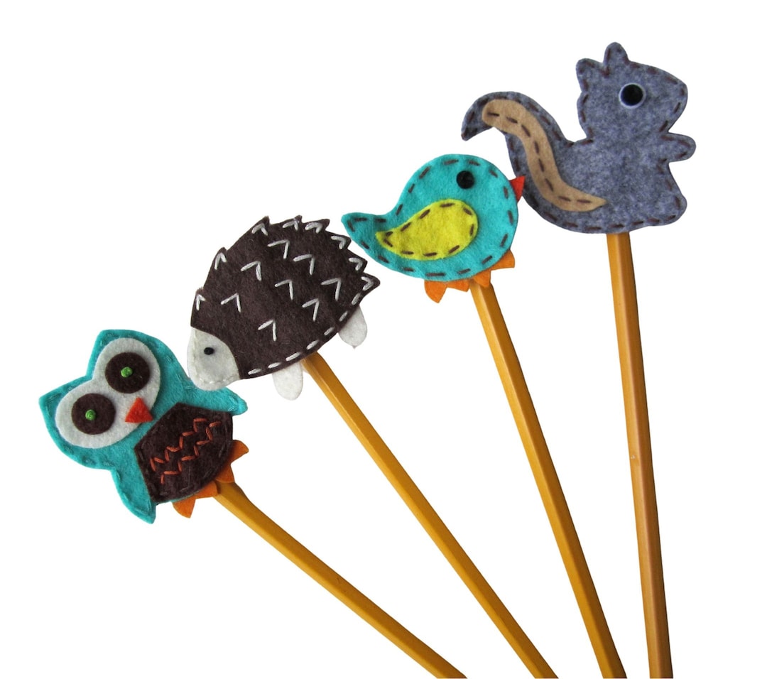 Animal Pencil Topper Set, Owl, Bird, Squirrel, Hedgehog, Felt Pencil ...