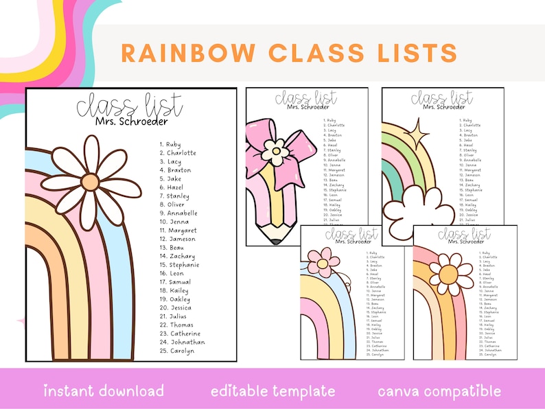 Rainbow Editable Class List Templates – Digital, Instant Download ...