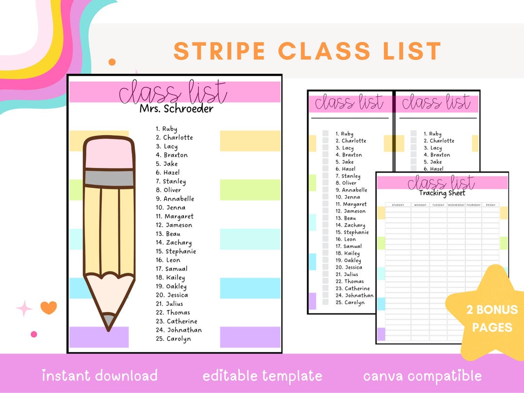 Stripe Class List Template: Editable Teacher Printable (digital ...
