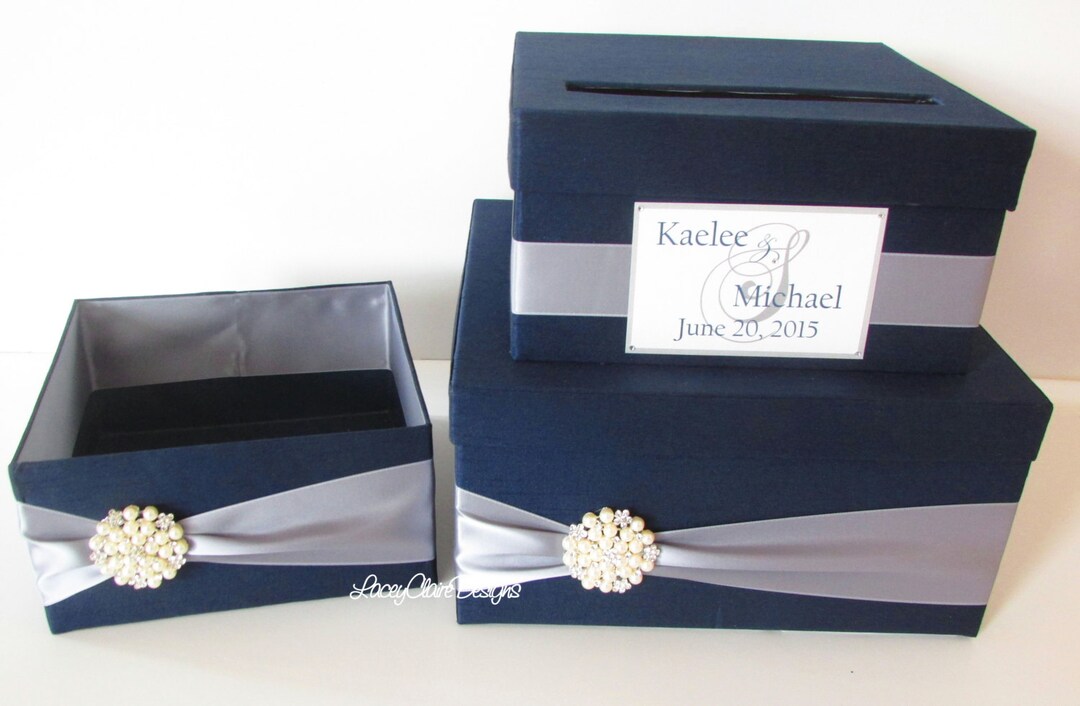 Wedding Card Box, Money Box, and Program Box SET, Navy and Pewter ...