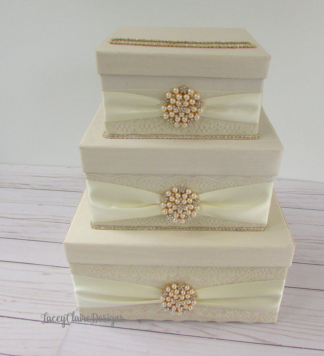 Wedding Box, Bling Card Box, Ivory and Gold Card Box, Lace Card Box ...