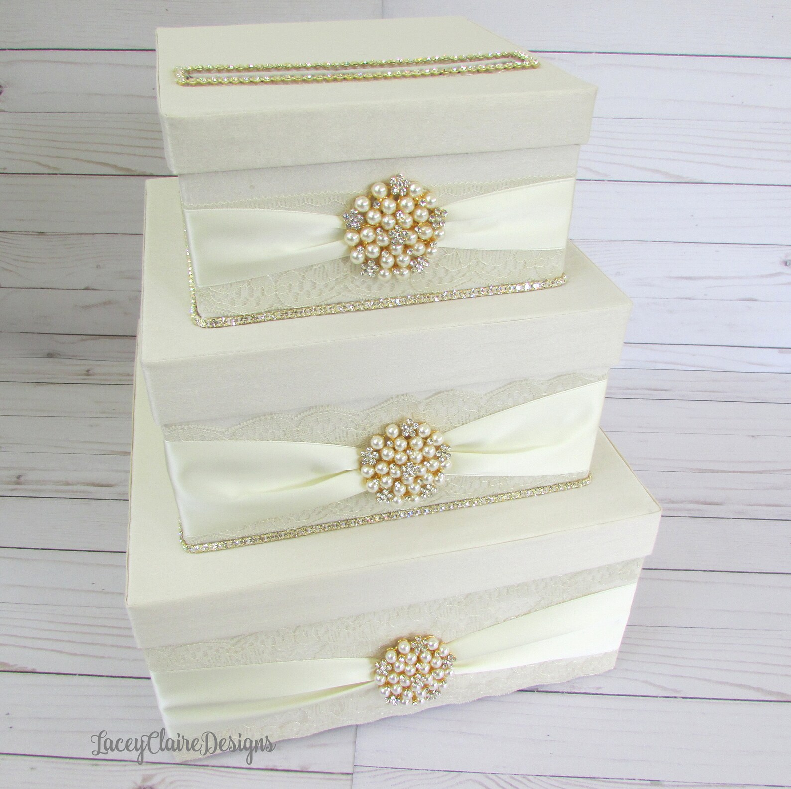 Wedding Box Bling Card Box Ivory and Gold Card Box Lace | Etsy