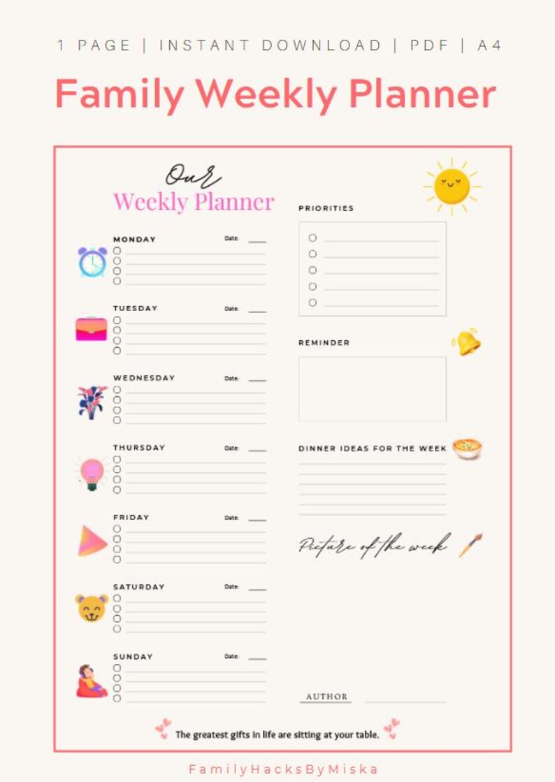 Printable Weekly Family Planner | Digital Download | Family Organizer ...