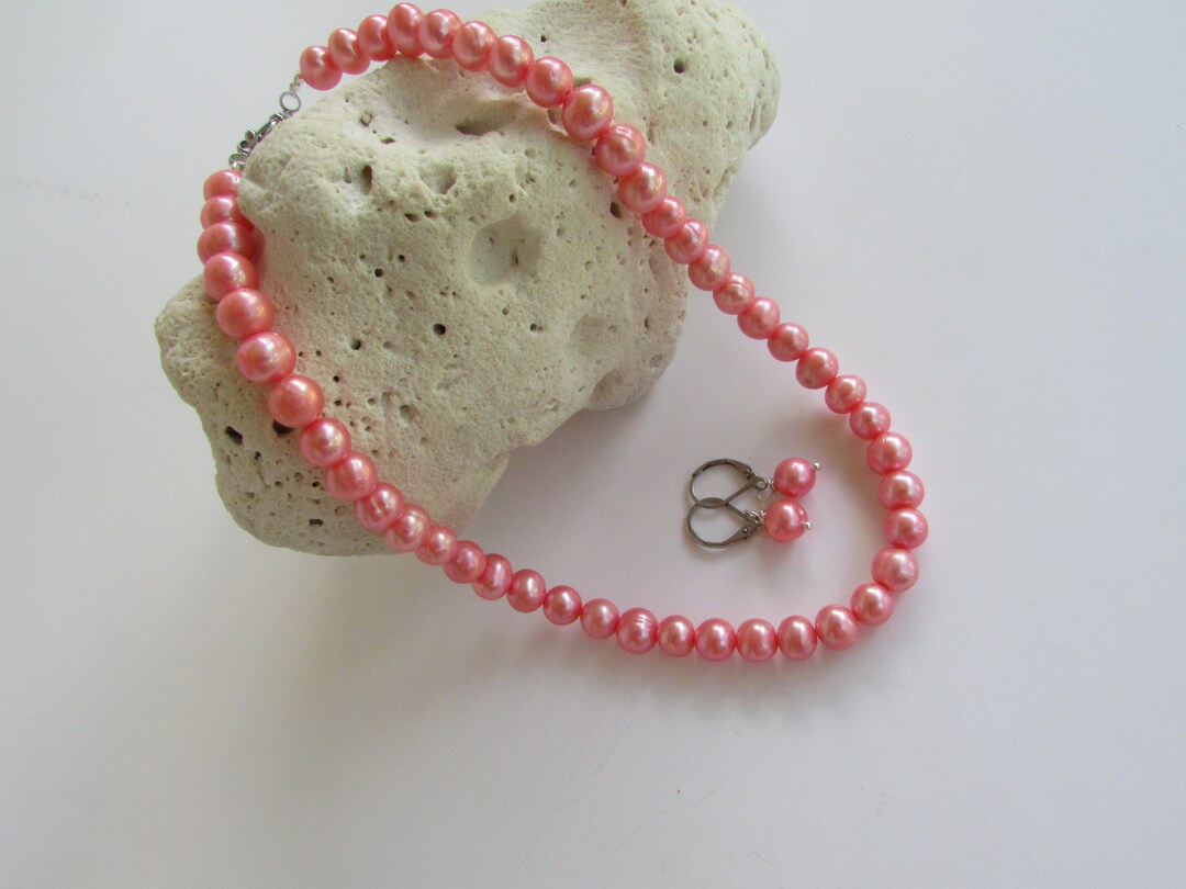 Pink Pearl Set- Pink Pearl Necklace, Pink Pearl Earrings, Freshwater ...