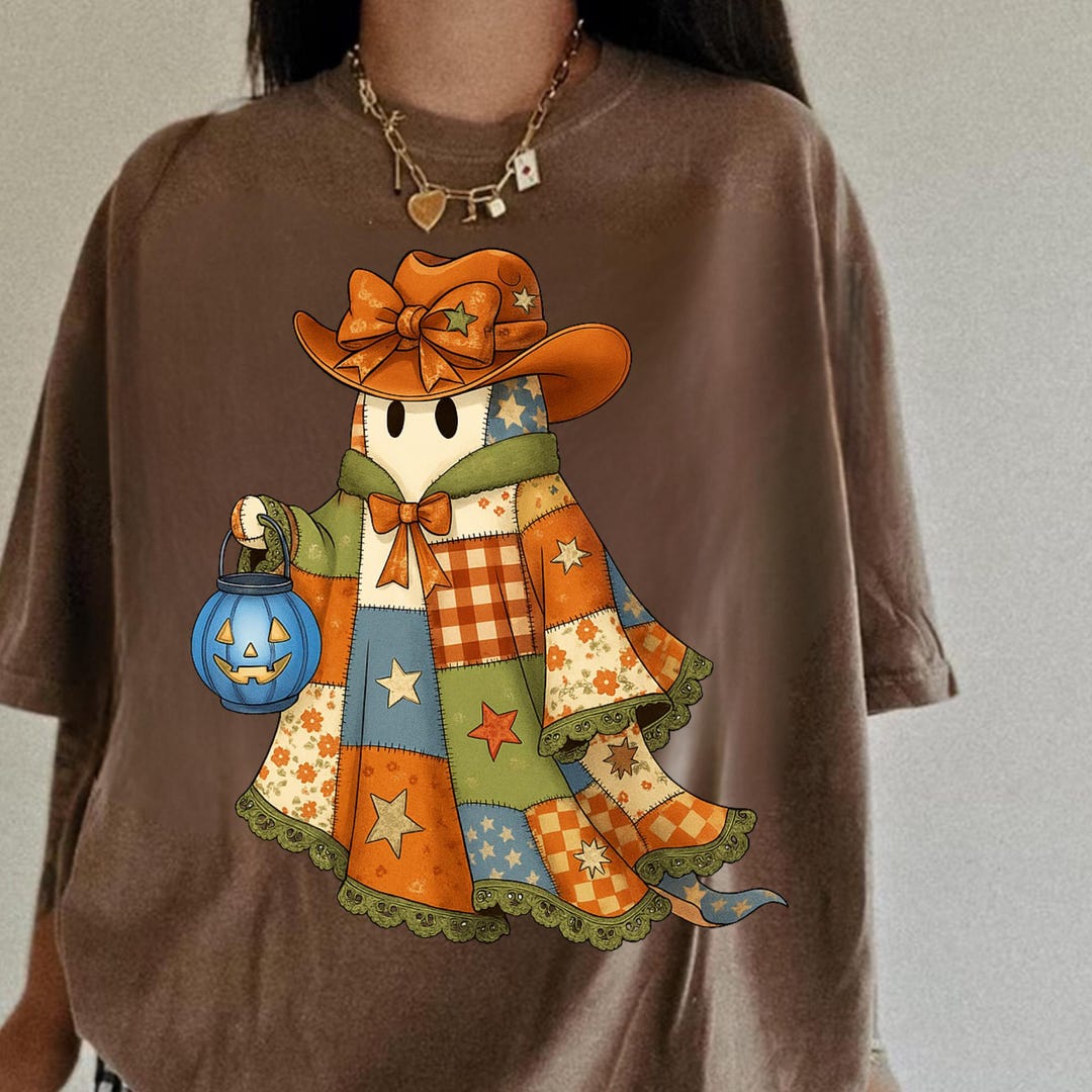 Cowboy Patchwork Ghost Halloween PNG | Cute Retro Fall Digital Download ...