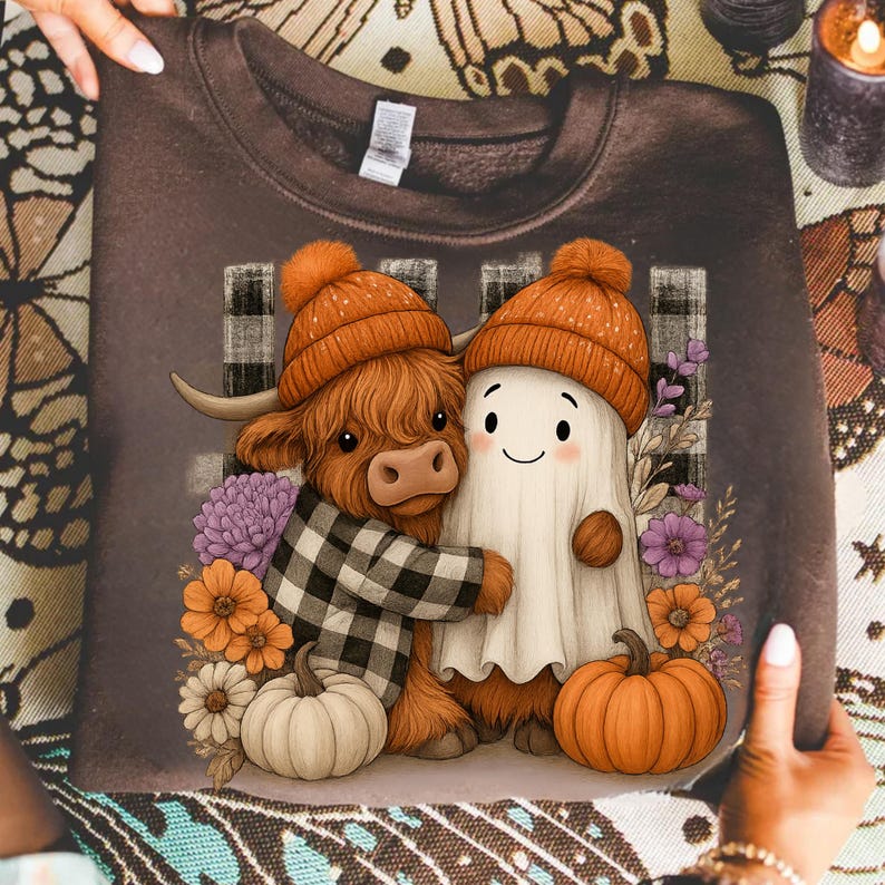 Highland Cow and Ghost Fall Hug PNG | Cute Autumn Buffalo Plaid ...