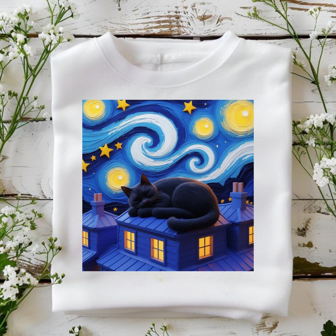 Van Gogh Sleeping Cat PNG – Starry Night Style T-shirt Design - Etsy