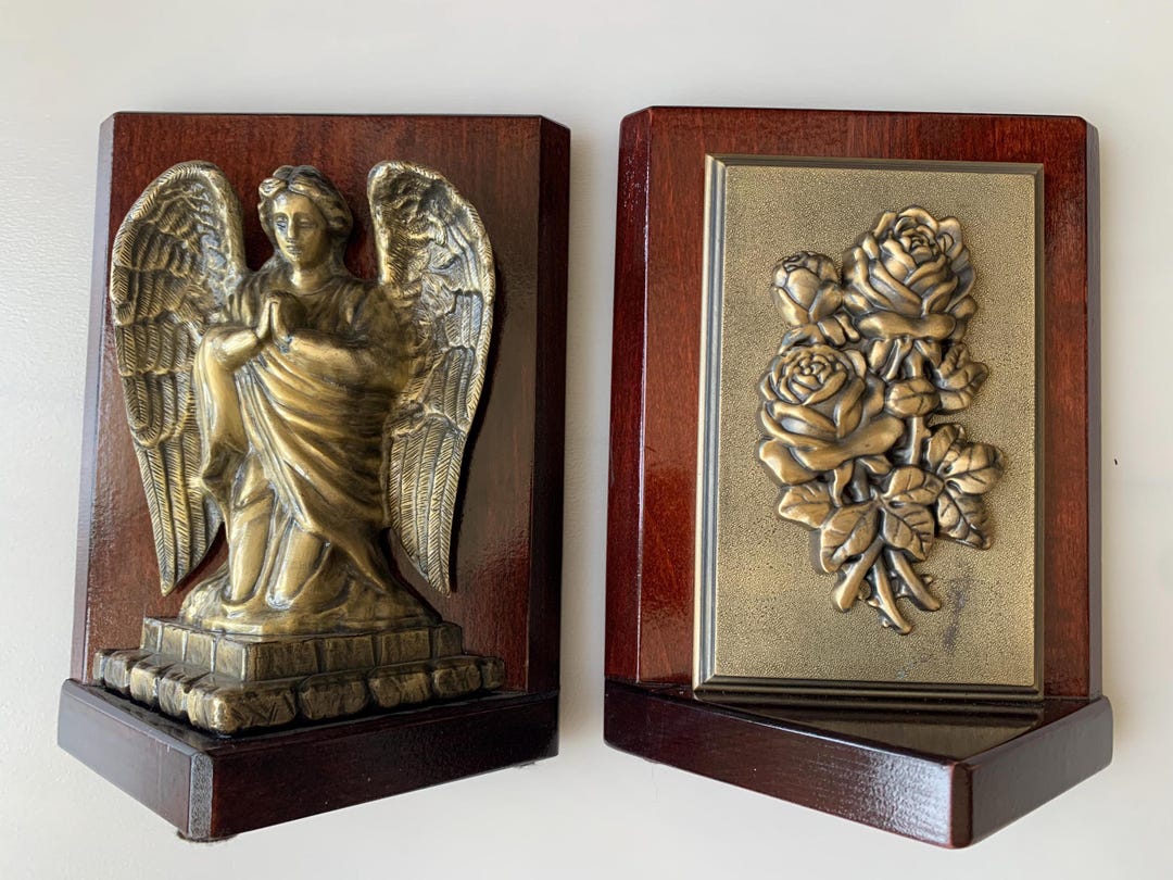 Vintage Wood Bookends With Brass Angel and Flower Bouquet - Etsy