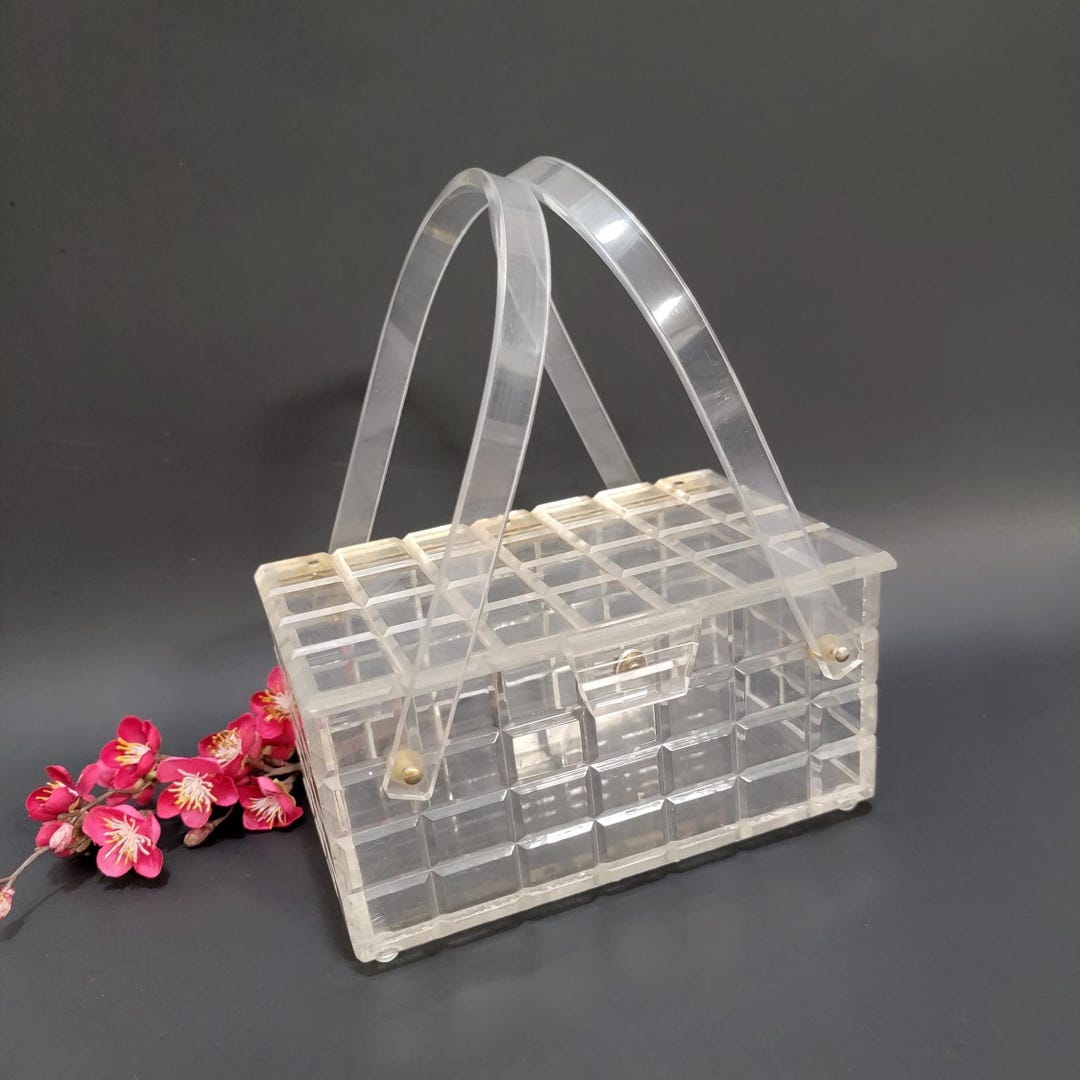 Vintage Clear Lucite Purse With Handles Square Cut Pattern Rectangle ...