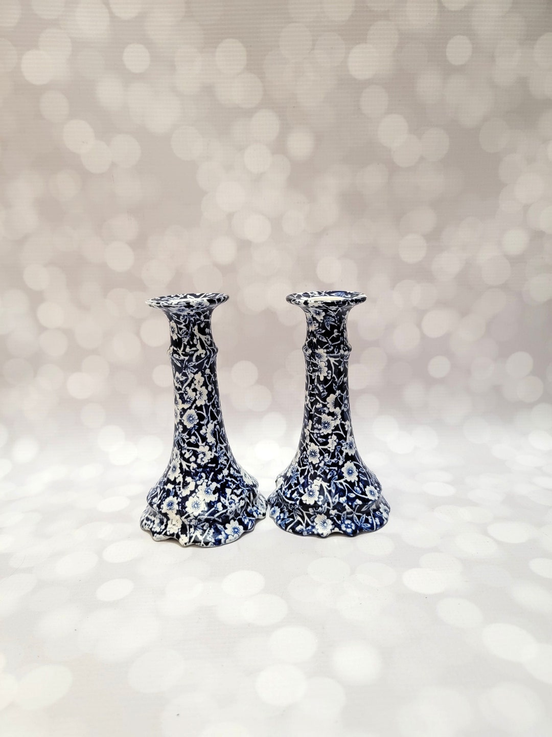 Blue Calico Burleigh England Candlesticks Vintage Blue & White Flowers ...