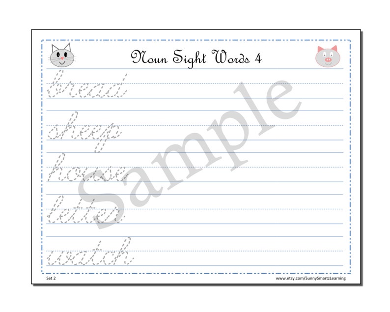 Noun Sight Words Cursive Handwriting Worksheets Set 2 5 - Etsy Australia