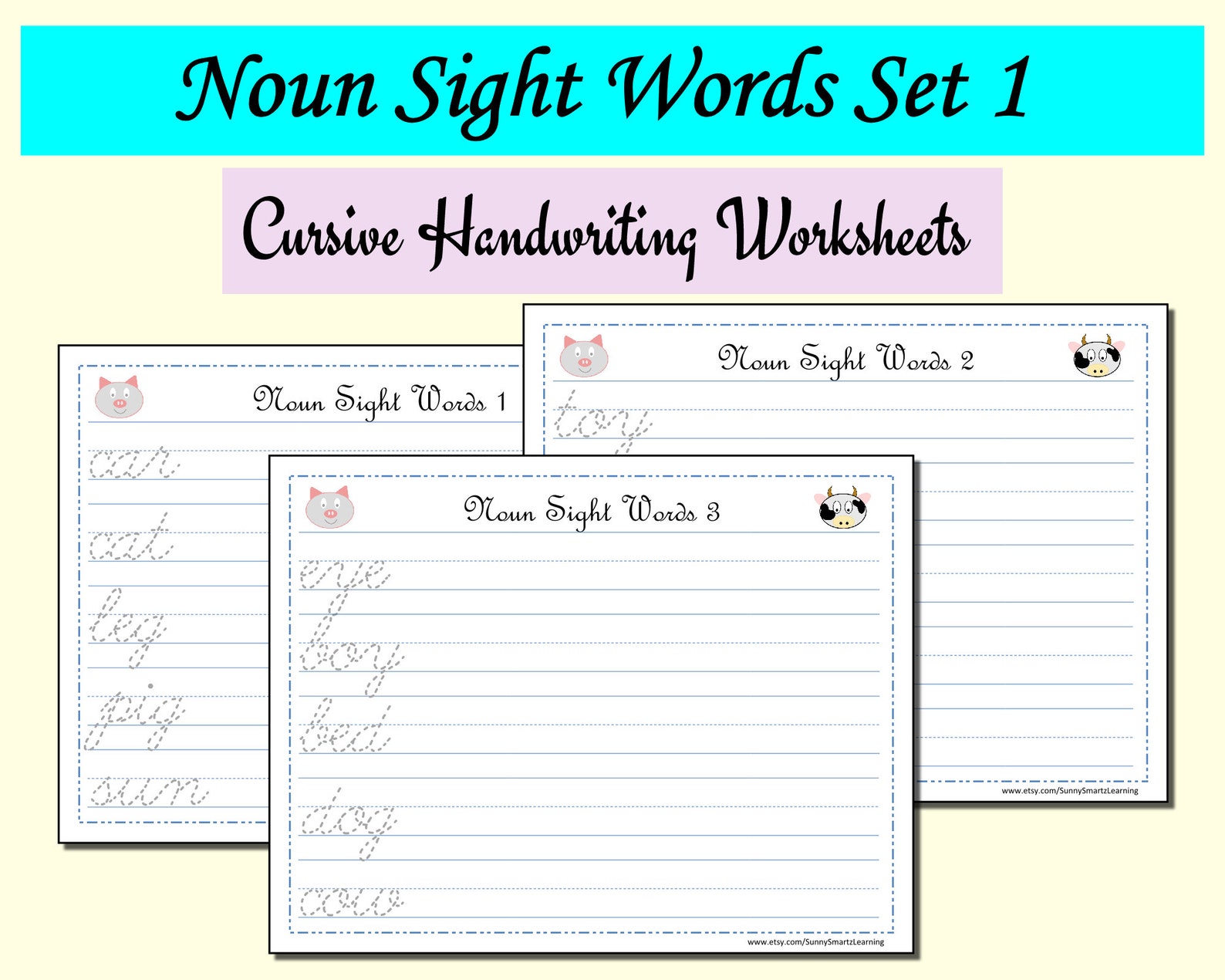 Noun Sight Words Cursive Handwriting Worksheets Set 1 (3 & 4 Letter ...