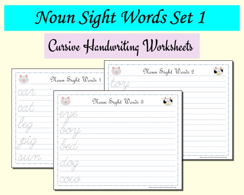 Noun Sight Words Cursive Handwriting Worksheets Set 1 (3 & 4 Letter ...