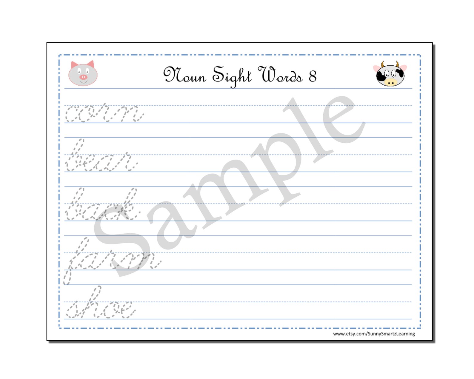 Noun Sight Words Cursive Handwriting Worksheets Set 1 3 & 4 Letter ...