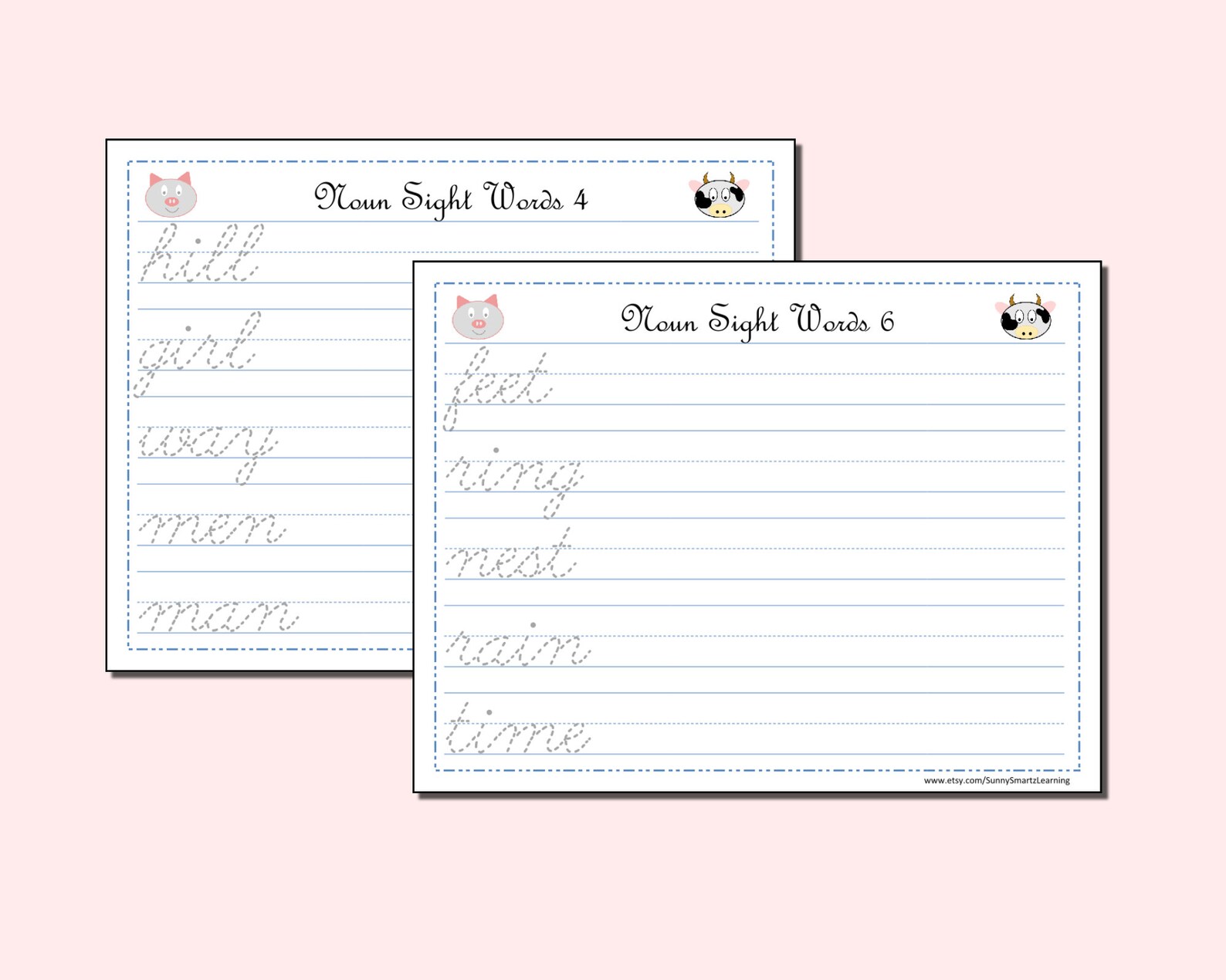 Noun Sight Words Cursive Handwriting Worksheets Set 1 (3 & 4 Letter ...