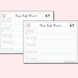 Noun Sight Words Cursive Handwriting Worksheets Set 1 (3 & 4 Letter ...