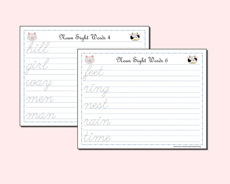 Noun Sight Words Cursive Handwriting Worksheets Set 1 (3 & 4 Letter ...