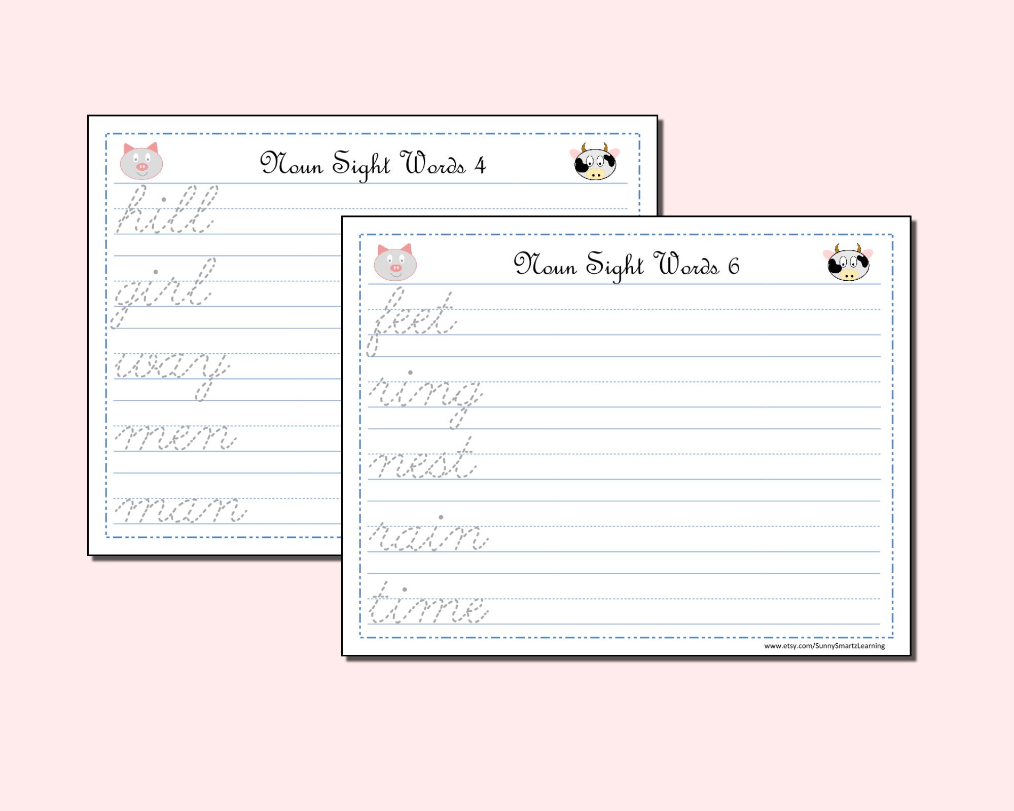 Noun Sight Words Cursive Handwriting Worksheets Set 1 (3 & 4 Letter ...