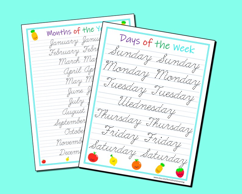 Days and Months Cursive Handwriting Worksheets; Pre-k, Kindergarten ...