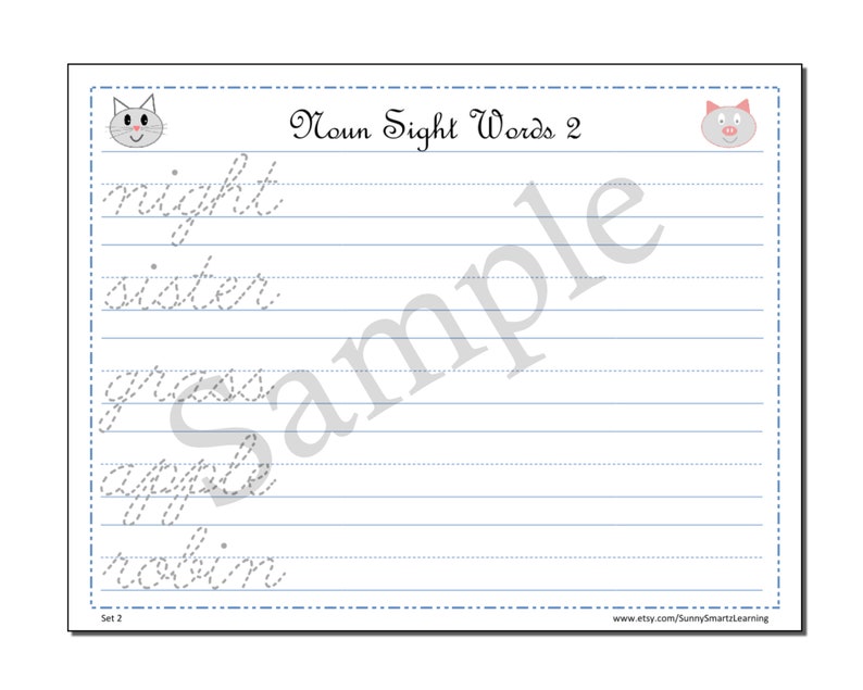 Noun Sight Words Cursive Handwriting Worksheets Set 2 (5+ Letter Words ...