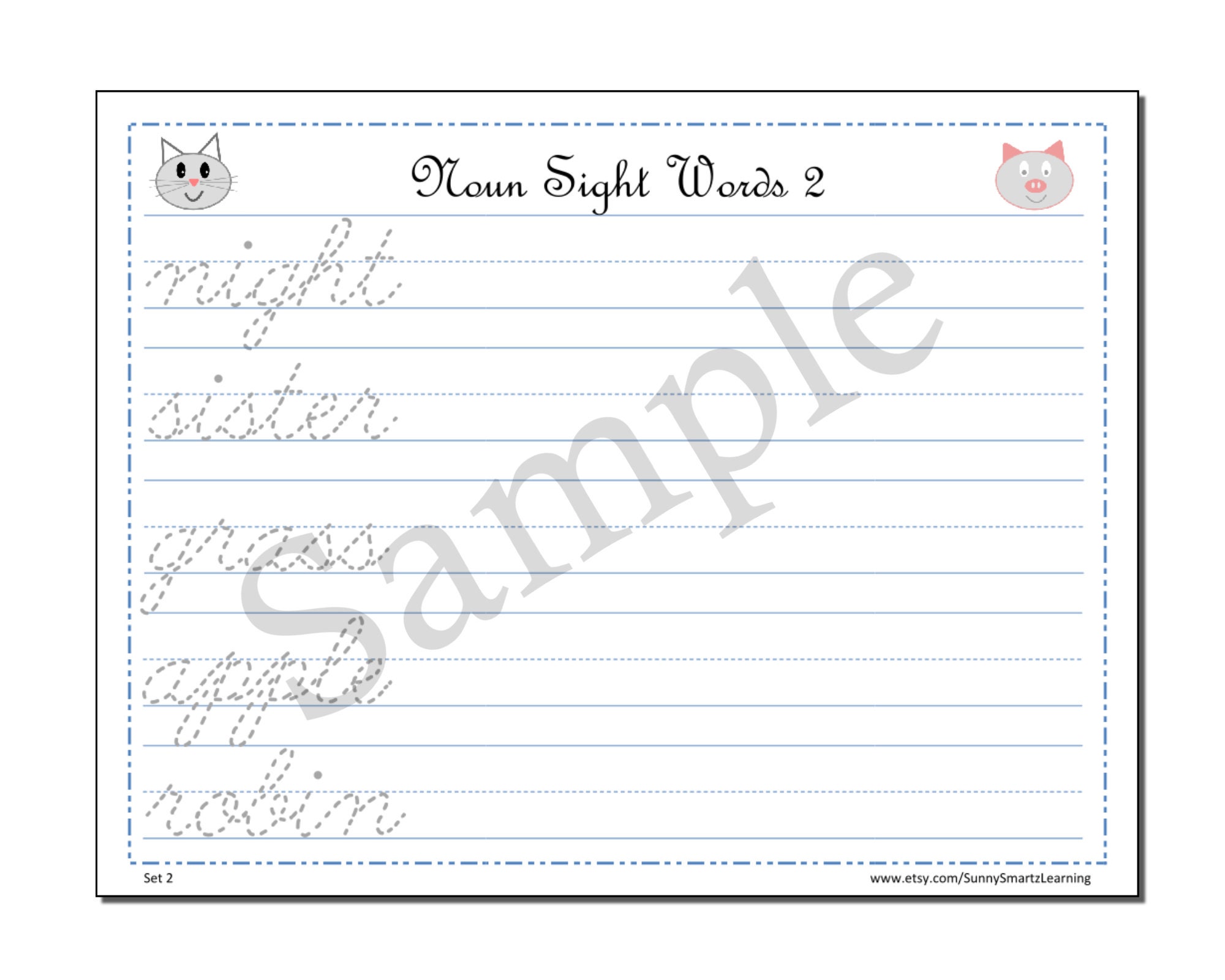 Noun Sight Words Cursive Handwriting Worksheets Set 2 (5+ Letter Words ...