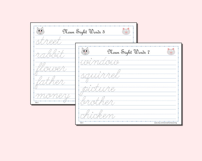 Noun Sight Words Cursive Handwriting Worksheets Set 2 (5+ Letter Words ...