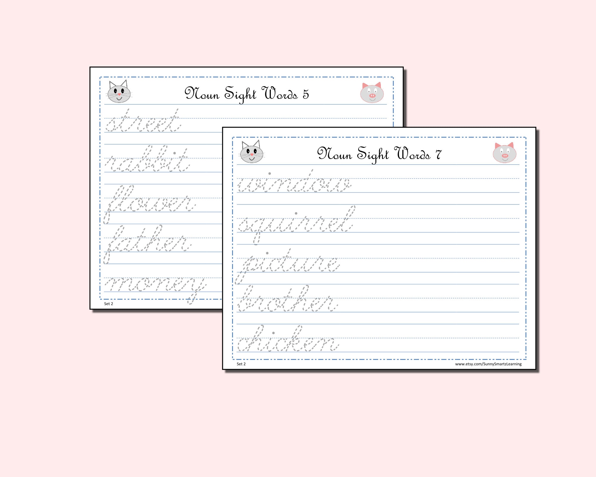 Noun Sight Words Cursive Handwriting Worksheets Set 2 (5+ Letter Words ...
