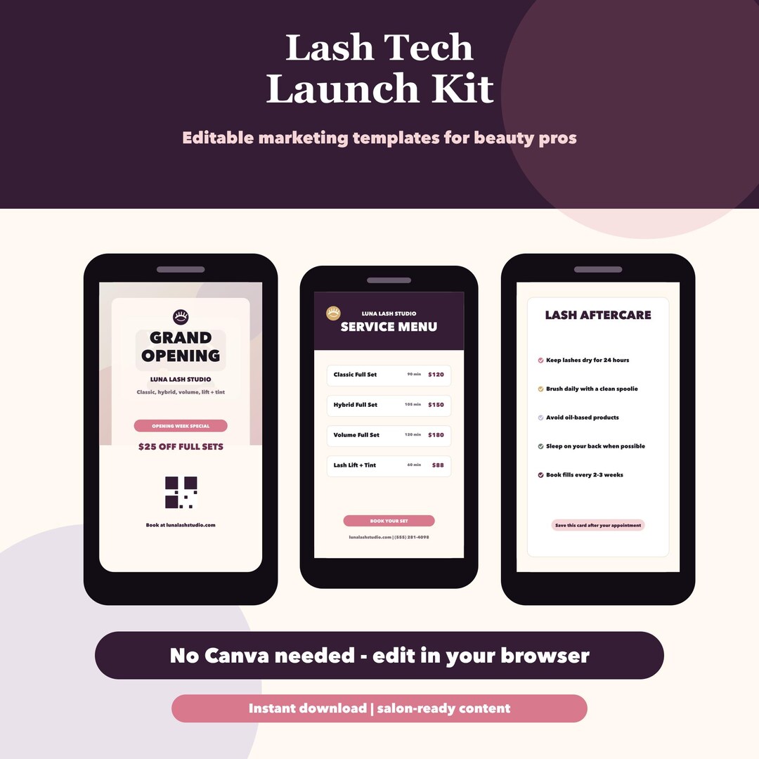 Lash Tech Business Starter Kit, Service Menu, Aftercare Card, Booking ...
