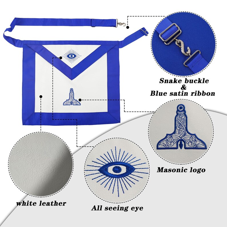 Masonic Apron, White Leather Freemason Apron With Blue Grosgrain Ribbon ...