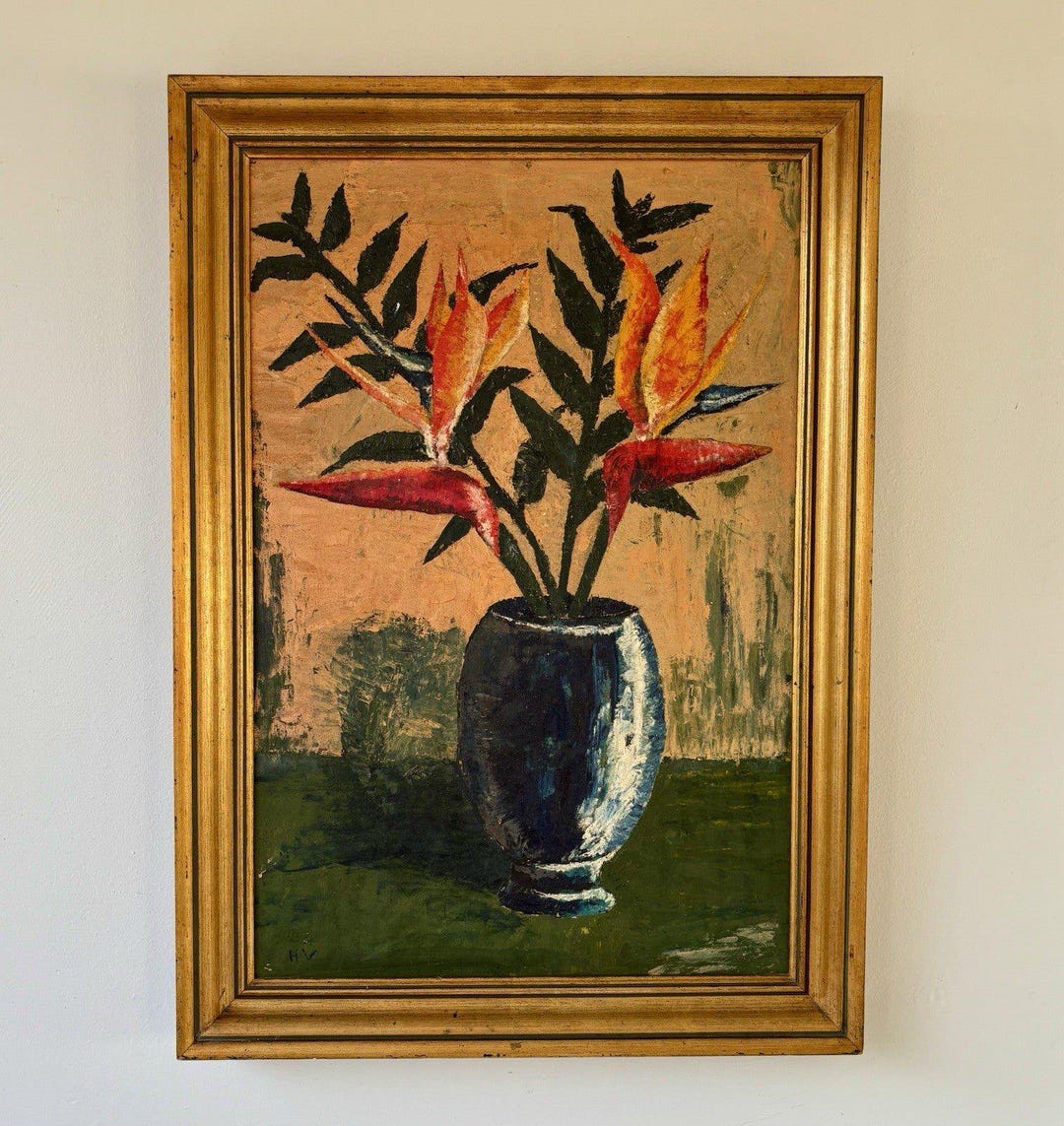 Vintage Flower Tree Still Life Floral Oil Painting Flowers in Vase Mid ...