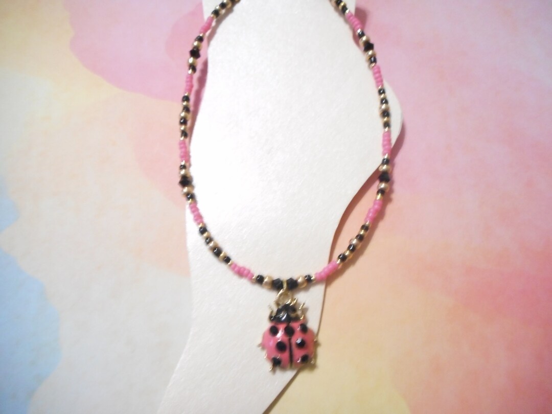 Pink, Black, and Gold Ladybug Charm Ankle Bracelet - Etsy