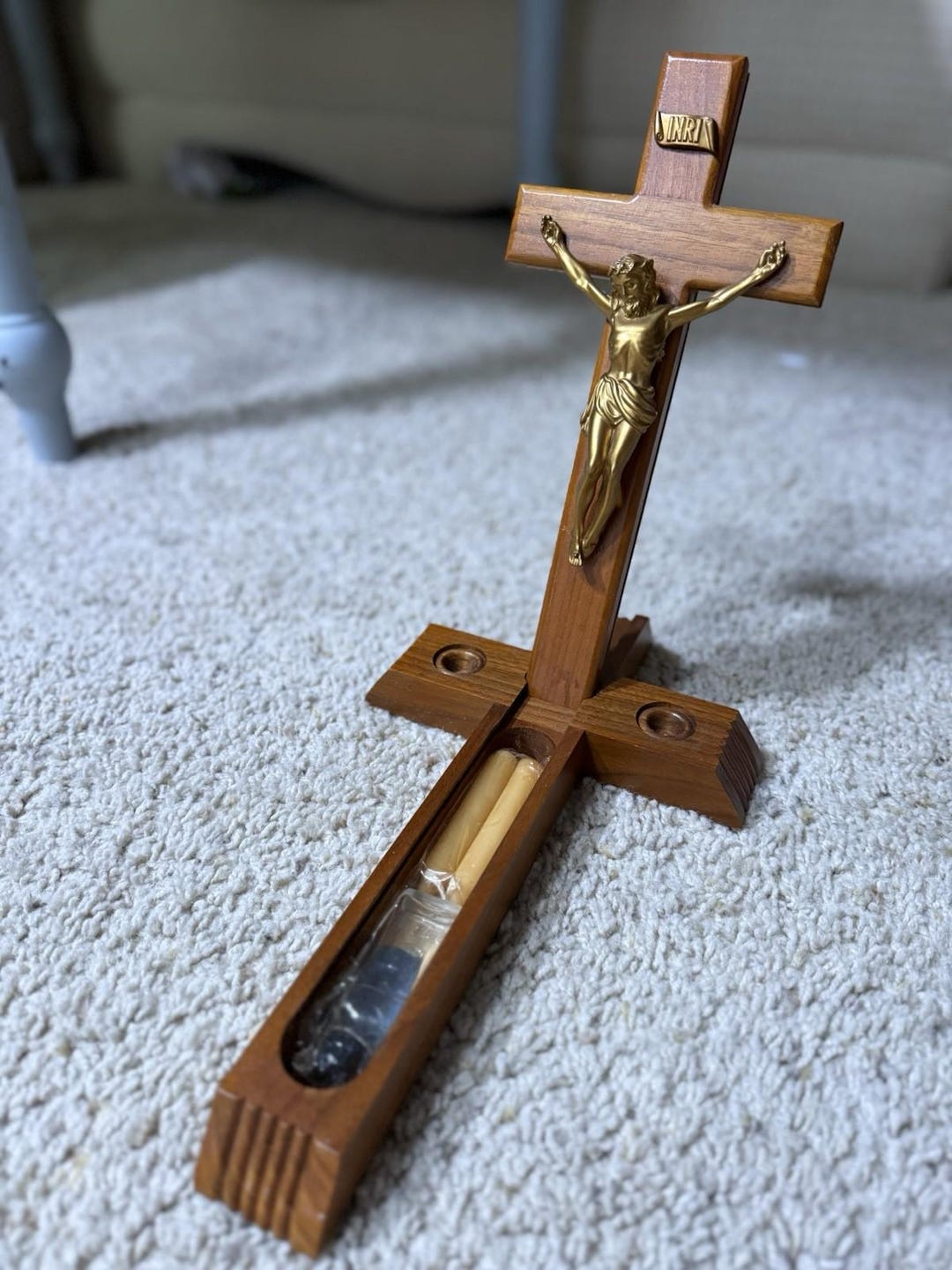 Vintage Catholic Sick Call Set Crucifix 13” Wood W/ Candles & Holy ...