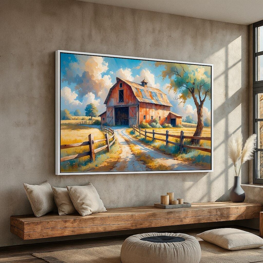 Rustic Red Barn Landscape | Country Farmhouse Scene Canvas & Poster ...